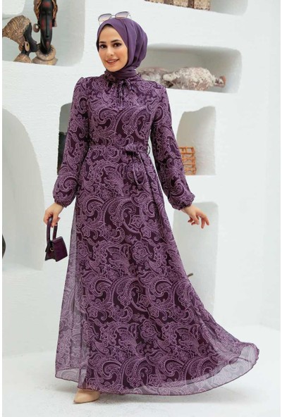 Neva Style - Çiçek Desenli Mürdüm Tesettür Elbise 279030MU Neva Style - Çiçek Desenli Mürdüm Tesettür Elbise 279030MU