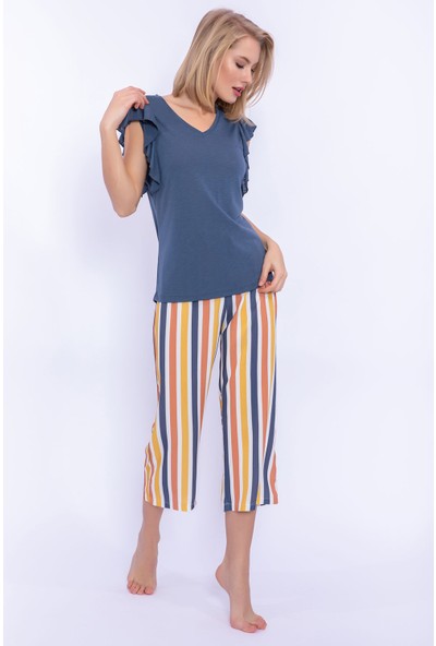 Pierre Cardin Fırfır Detaylı Denim Mavisi Kadın Kapri Takım