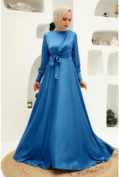 Neva Style Tesettürlü Abiye Elbise - Bağlama Detaylı Indigo Mavisi Tesettür Abiye Elbise 3064IM