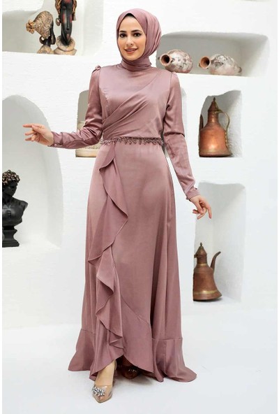 Neva Style Tesettürlü Abiye Elbise - Volanlı Vizon Tesettür Abiye Elbise 3381V Neva Style Tesettürlü Abiye Elbise - Volanlı Vizon Tesettür Abiye Elbise 3381V