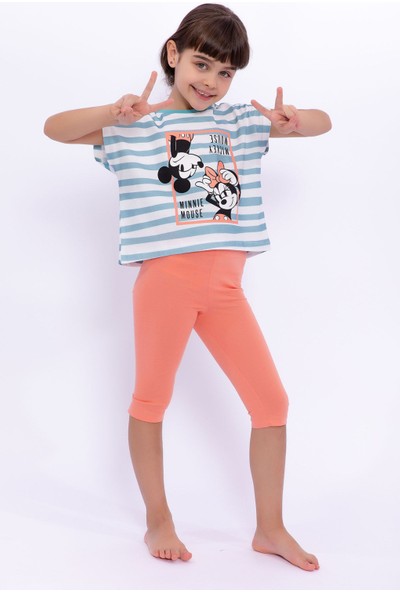 Minnie Mouse Çizgili Cam Göbeği Kız Çocuk Tayt Takım