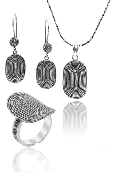 Midyat Nurtaş Gümüş Elips Tasarım Telkari Gümüş Üçlü Set