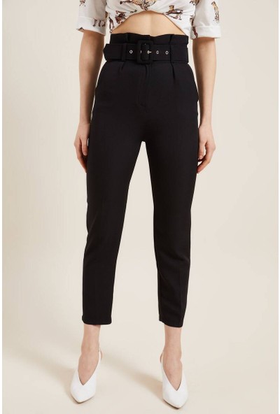 Zechka Siyah Yüksek Bel Kemerli Kumaş Pantolon (ZCK0430)