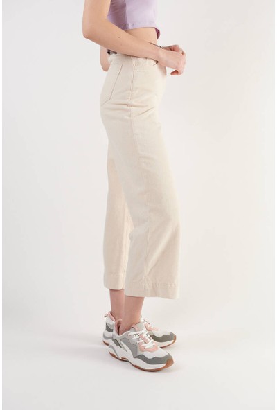 Zechka Ekru Yüksek Bel Bol Paça Rahat Kesim Jean Pantolon (ZCK0282)