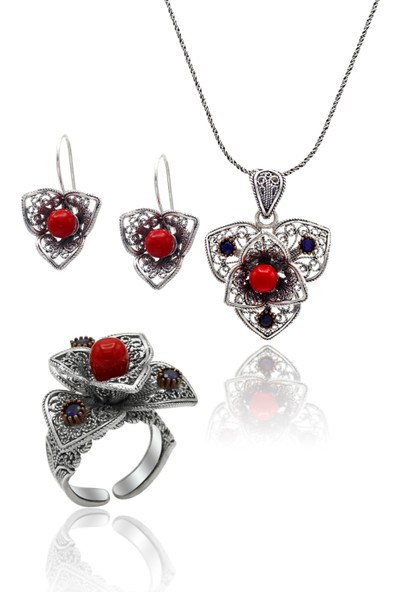 Midyat Nurtaş Gümüş Mercan Taşlı-Safirzambak Tasarım Telkari Gümüş Üçlü Set