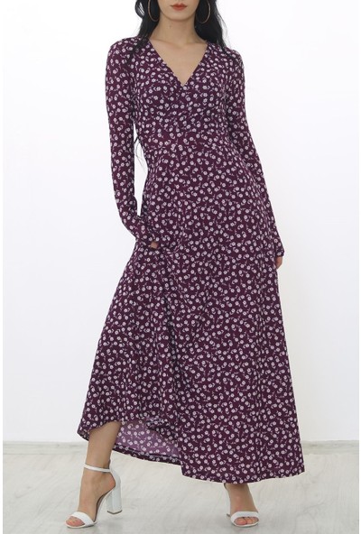 Siyah Kadın Mor-Beyaz Kruvaze Yaka Çiçek Desenli Belden Oturtmalı Likralı Uzun Elbise - GİY00075