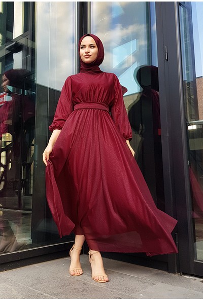 Cng Moda Simli Belden Kuşaklı Tesettür Abiye Elbise Cng Moda Simli Belden Kuşaklı Tesettür Abiye Elbise