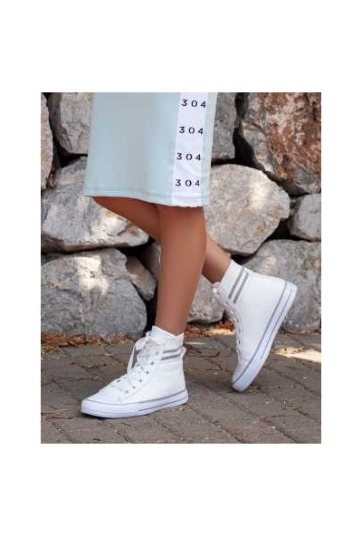 Mushoes Converse Tarzı Beyaz Bot Gri Çizgili GZ01
