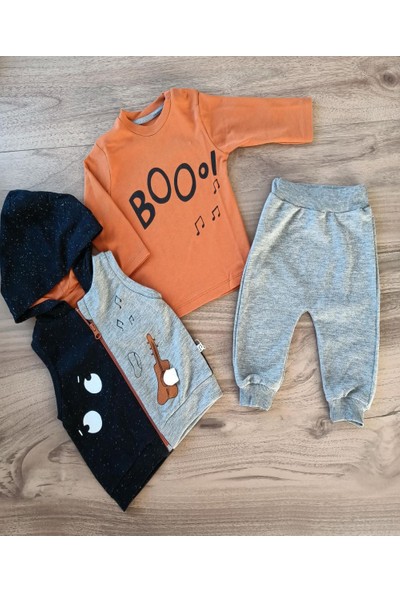 Kapüşonlu Yelekli 3'lü Erkek Bebek Takım