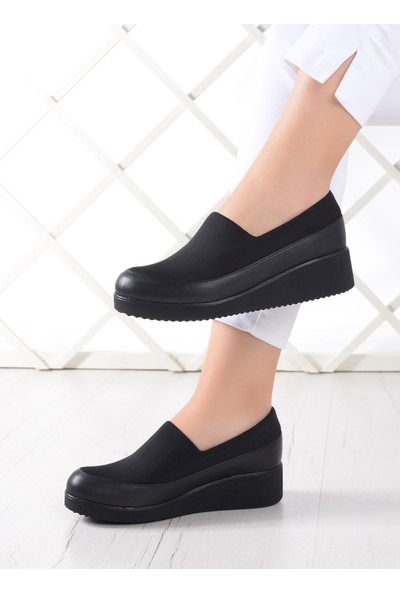 Erkan Saçmacı Siyah Hakiki Deri Ön Yüz Streç Anatomik Kadın Ayakkabı 4 cm