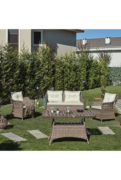 Raddan Görünümlü 4 Kişilik Bahçe Balkon Teras Oturma Grubu-Çay Seti (Kahverengi)