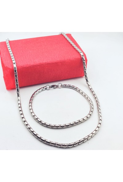 Bay Hediye Çelik Gümüş Renk Örme Erkek Kolye Bileklik Set