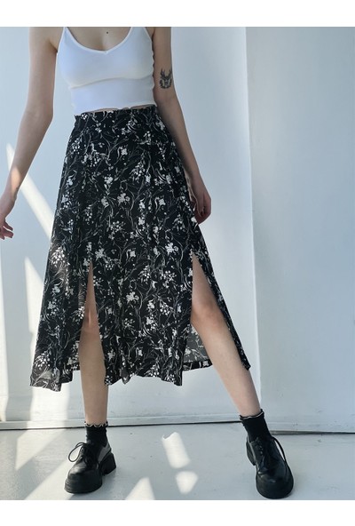 Retrobird Yırtmaçlı Yüksek Bel Etek Kadın Siyah