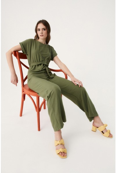 Beli Kuşaklı Duble Kol Kumaş Tulum