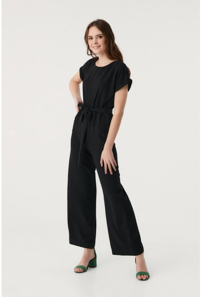 Beli Kuşaklı Duble Kol Kumaş Tulum