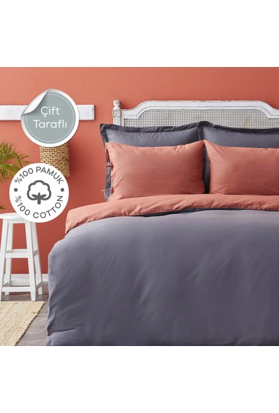 Karaca Home Basic Antrasit Terecota %100 Pamuk Çift Taraflı Çift Kişilik Nevresim Takımı