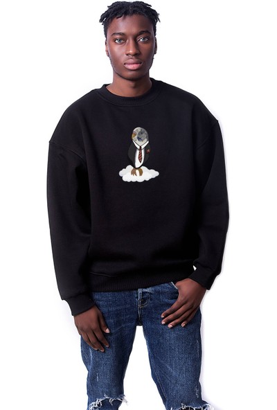Fenomen Ürünler Bulut Kuşu Baskılı Siyah Oversize Unisex Sweatshirt