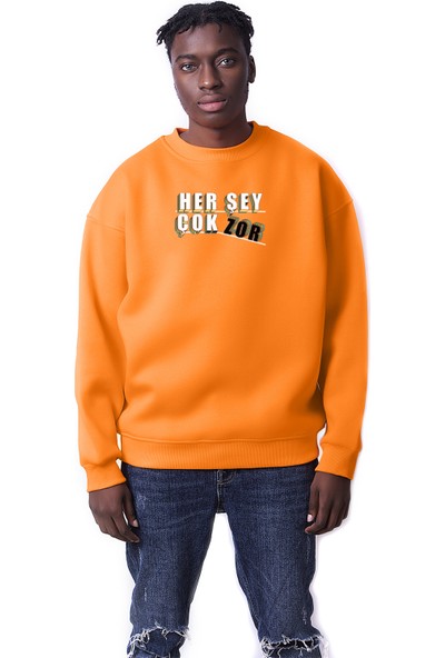 Fenomen Ürünler Her Şey Çok Zor Baskılı Turuncu Oversize Unisex Sweatshirt Fenomen Ürünler Her Şey Çok Zor Baskılı Turuncu Oversize Unisex Sweatshirt