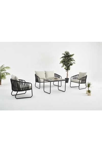 Decosit Riva Alüminyum Rattan Ip Halat Örgü Bahçe Oturma Grubu (2+1+1+Sehpa) Kırçıllı Antrasit - Ekru Kumaşlı