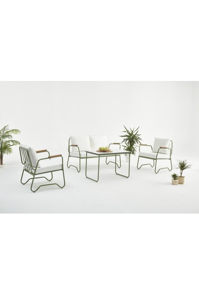 Decosit Plaza Alüminyum Bahçe Oturma Grubu Yeşil (2+1+1+Sehpa) - Ekru Kumaşlı