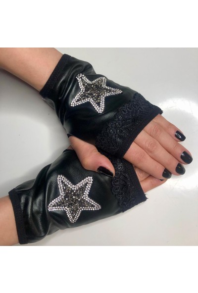 İnciyoll Taşlı Yıldız Desenli Siyah Deri Parmaksız Eldiven