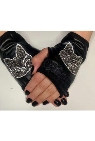 İnciyoll Taşlı Deri Desenli Siyah Parmaksız Kedi