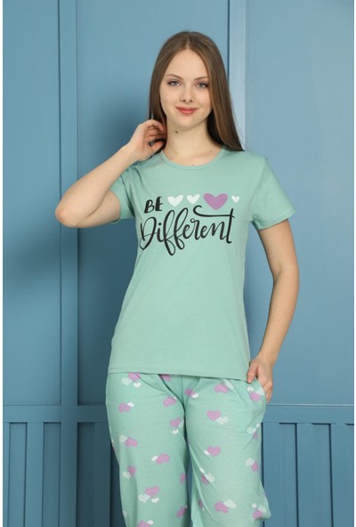 Moda Çizgi Kadın %100 Pamuk Penye Kısa Kol Pijama Takım 3458