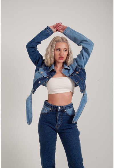 Holly Lolly Kadın Lacivert Uzun Kol Düğmeli Mono Jean Ceket