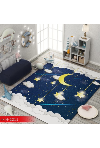 Bebek Odası - Gece Ay ve Bulutlar Baskılı Halı