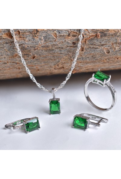 Feniks Silver Yeşil Taşlı Kolye, Yüzük ve Şekil Küpe 925 Ayar Gümüş 3'lu Set