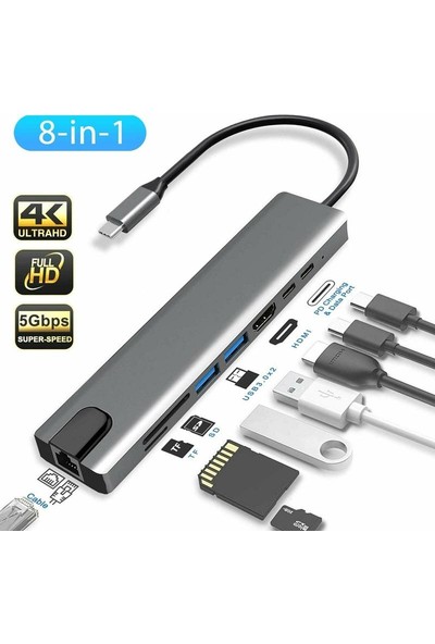 VİZY10 USB Type C Hub 8 In 1 USB Hub Çok Işlevli Adaptör MacBook ve Type C Dizüstü Bilgisayarlar Uyumlu VIZY10-08