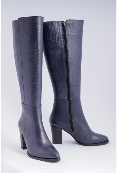 CZ London Deri Kadın Topuklu Çizme Sivri Burun Fermuarlı Uzun Boy