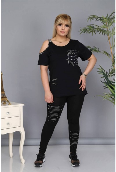 Mia Butik Büyük Beden Tek Omuz Taşlarlı Siyah Takım