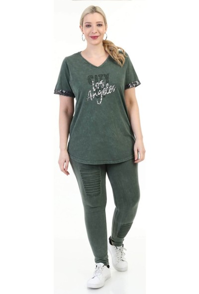 Mia Butik Büyük Beden Haki Italyan Yıkamalı Kolu Pullu Takım