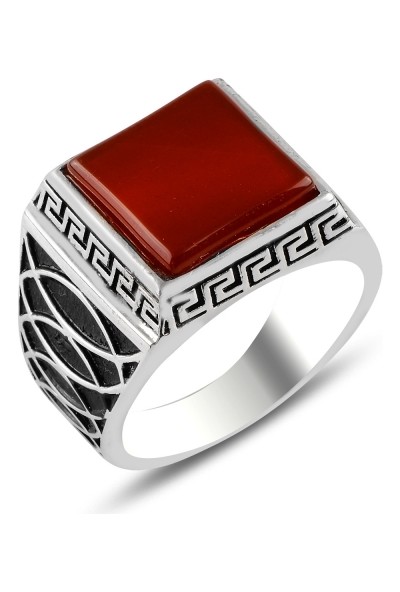 Gülüş Gümüş Kırmızı Akik Doğaltaşlı Gümüş Erkek Yüzüğü