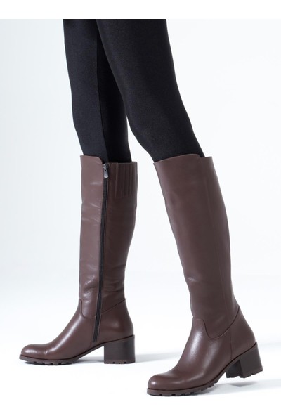 CZ London Deri Kadın Çizme Kalın Topuklu Düz Rahat Kışlık Ayakkabı