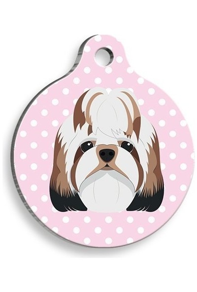 Altın Pati Pembe Puantiyeli Shih Tzu Yuvarlak Köpek Künyesi