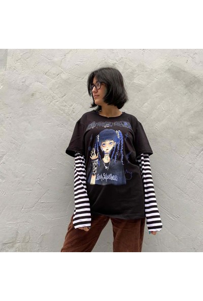 Köstebek Anime Harajuku Crazy Girl Siyah (Unisex) Çizgili Kollu T-Shirt Köstebek Anime Harajuku Crazy Girl Siyah (Unisex) Çizgili Kollu T-Shirt