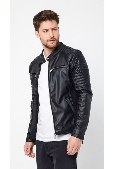 Belirtilmemiş Erkek Siyah Iç Cepli Slim Fit Deri Ceket