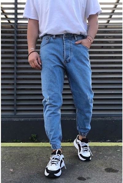 Belirtilmemiş Erkek Mavi Paçası Lastikli Boyfriend Jogger Jean Kot Pantolon