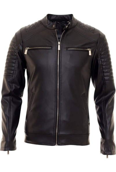 Belirtilmemiş Erkek Siyah Iç Cepli Slim Fit Deri Ceket