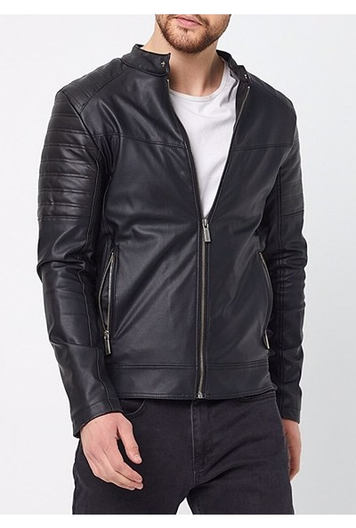 Belirtilmemiş Erkek Siyah Iç Cepli Slim Fit Deri Ceket