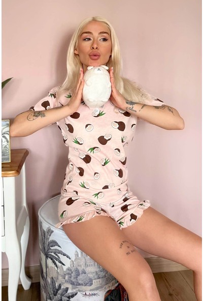 Pijama Evi Somon Hindistan Cevizi Baskılı Şortlu Kadın Pijama Takımı