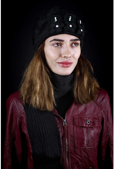 Beoje Siyah Kadın Kadın Atkı Bere Takımı Likralı Inci ve Çiçek Modeli