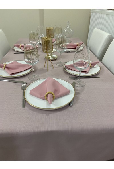Zeren Home Keten Görünümlü Simsiz Begonvil Masa Örtüsü Pudra Pembe 13 Parça