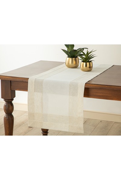 English Home Norah %5 Keten %95 Polyester Linen Runner 45X140 cm Beyaz - Bej English Home Norah %5 Keten %95 Polyester Linen Runner 45X140 cm Beyaz - Bej