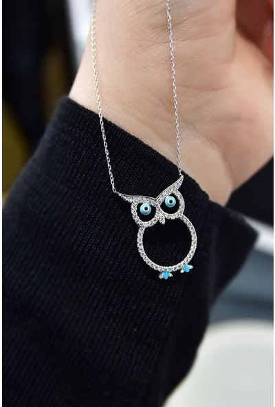 925 Ayar Gümüş Rodyum Kaplama Mineli Nazar Gözlü Baykuş Kolye 925 Ayar Gümüş Rodyum Kaplama Mineli Nazar Gözlü Baykuş Kolye