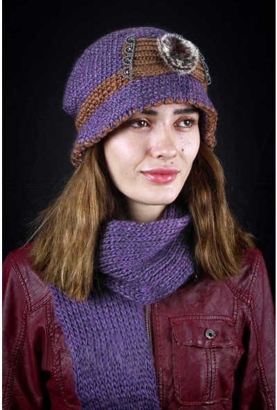 Beoje Mor Kadın Kadın Atkı Bere Takımı Örgü ve Tüylü Tasarım