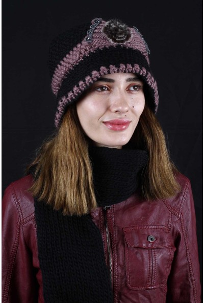 Beoje Siyah Kadın Kadın Atkı Bere Takımı Örgü ve Tüylü Tasarım