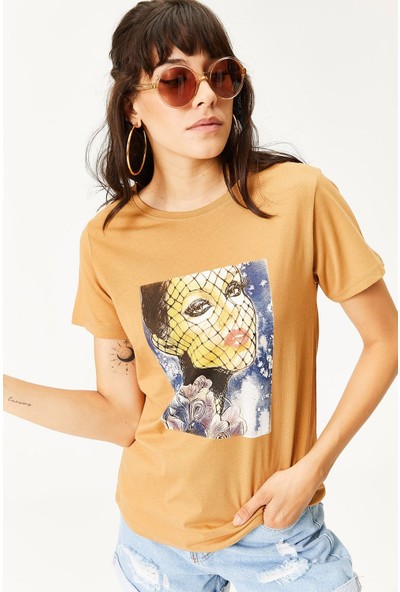 Depovip Kadın Kahverengi Baskılı Tişört